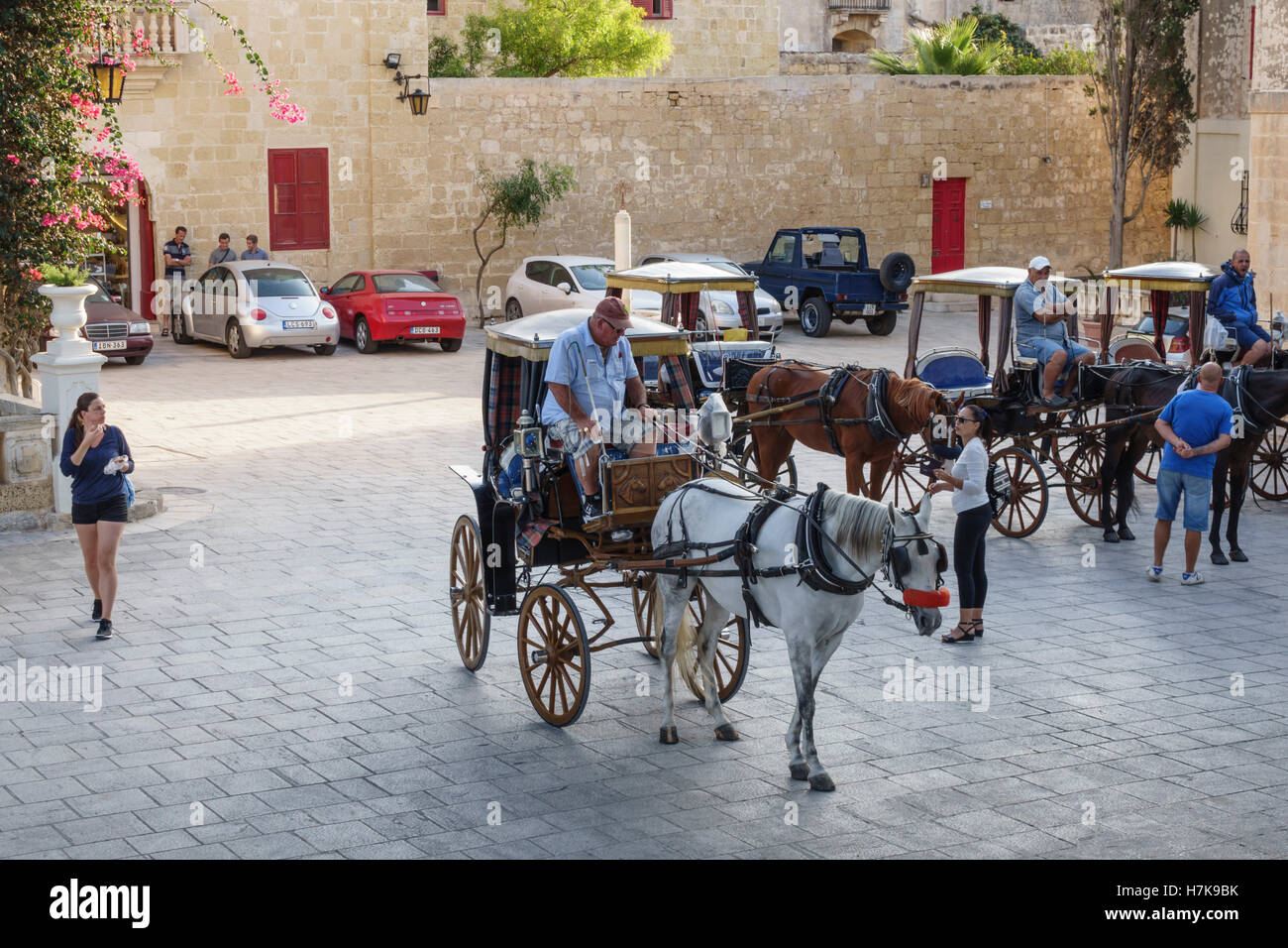 Mdina, old walled city baroque architecture. Horse drawn caleche taxi ...