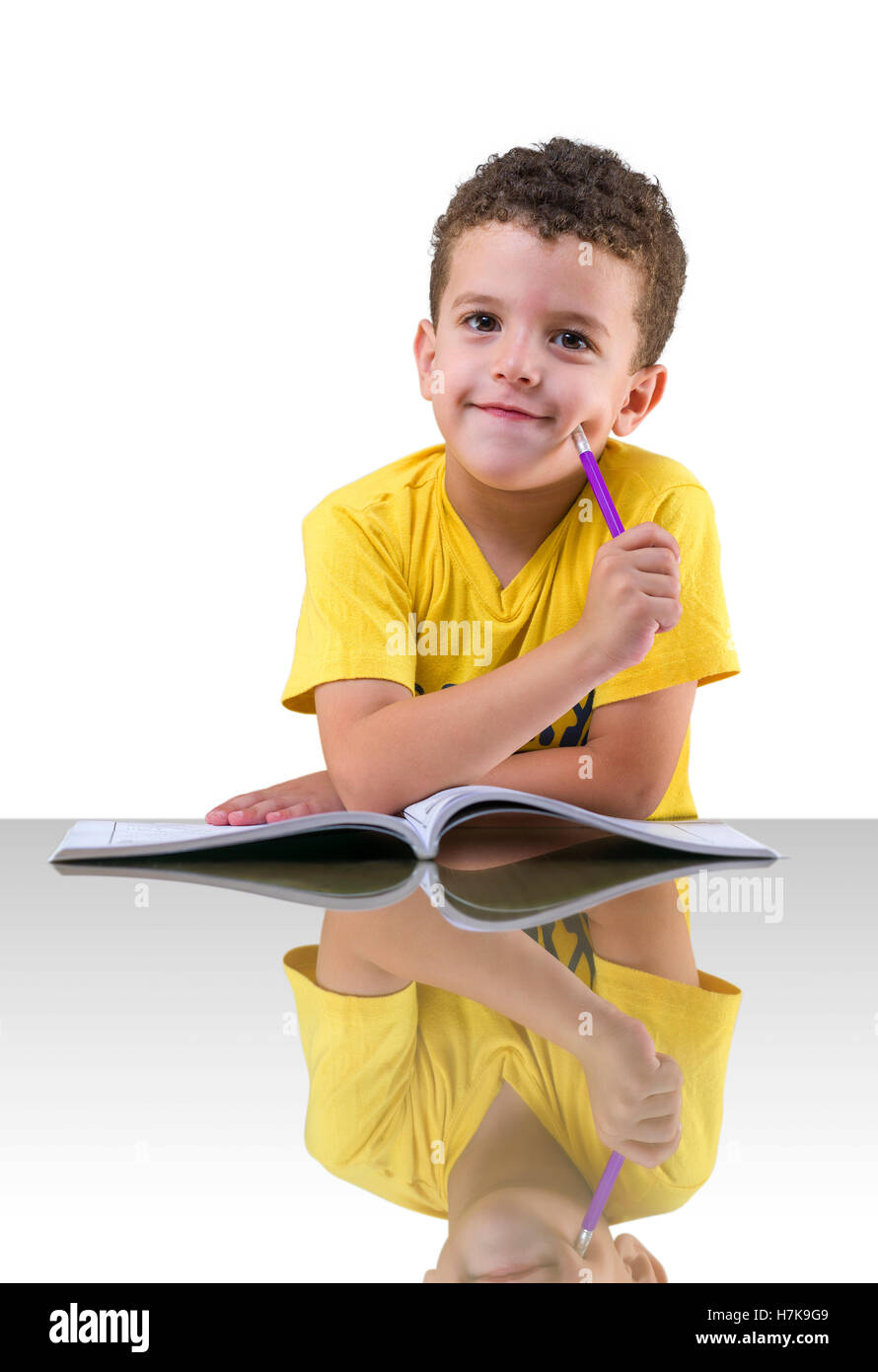 Young School Boy Thinking over White Background Stock Photo - Alamy