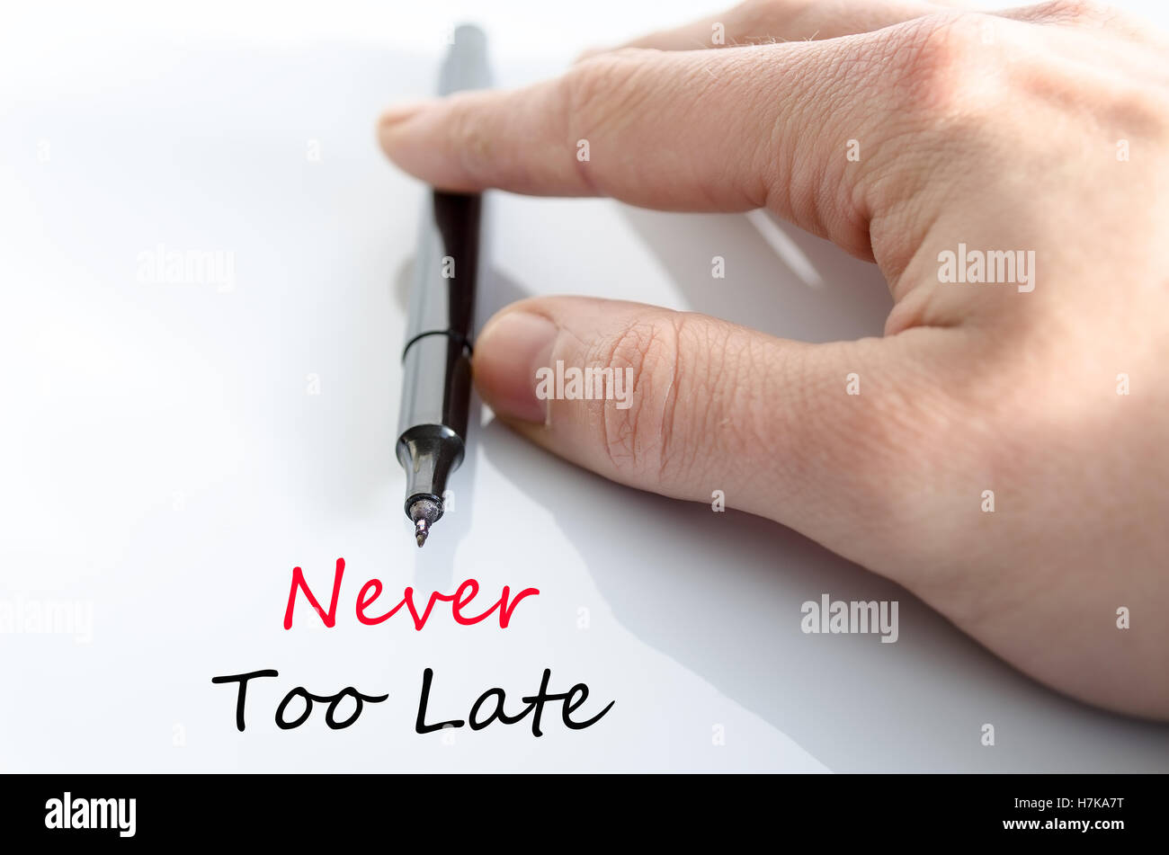 Never too late text concept isolated over white background Stock Photo ...