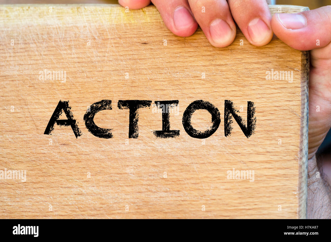 Human hand over wooden background and action text concept Stock Photo ...