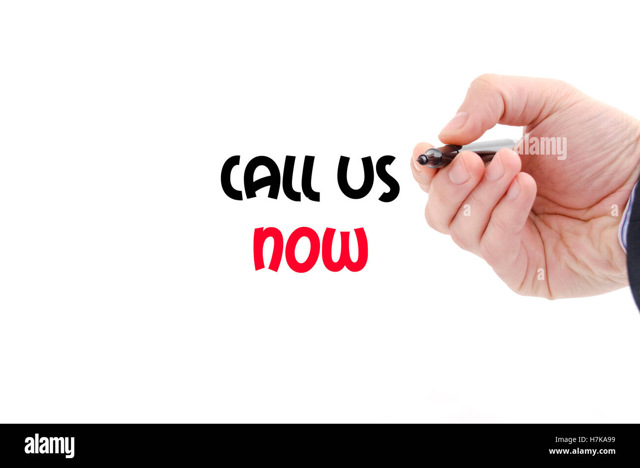 Call us now text concept isolated over white background Stock Photo - Alamy