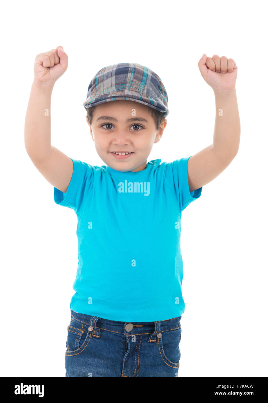 Adorable Little Hands Up Boy Isolated on White Background Stock Photo ...