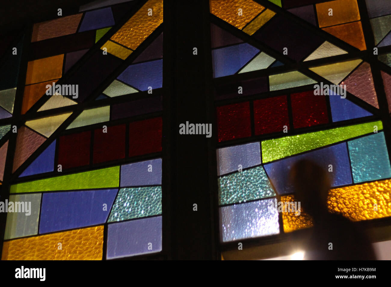 leadlight church window at night Stock Photo - Alamy