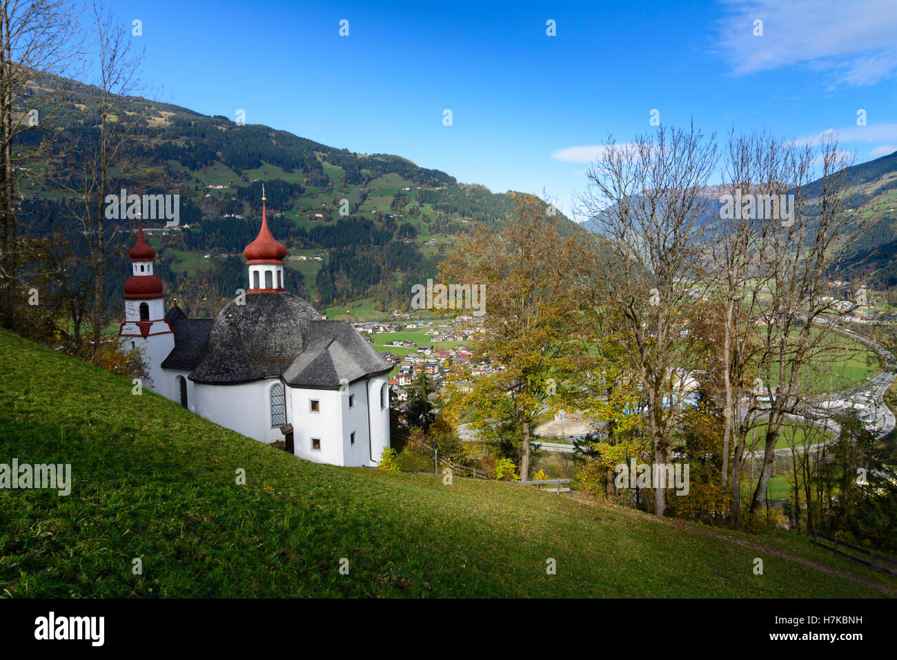Hainzenberg: pilgrimage church Maria Rast, view to Zillertal valley and ...