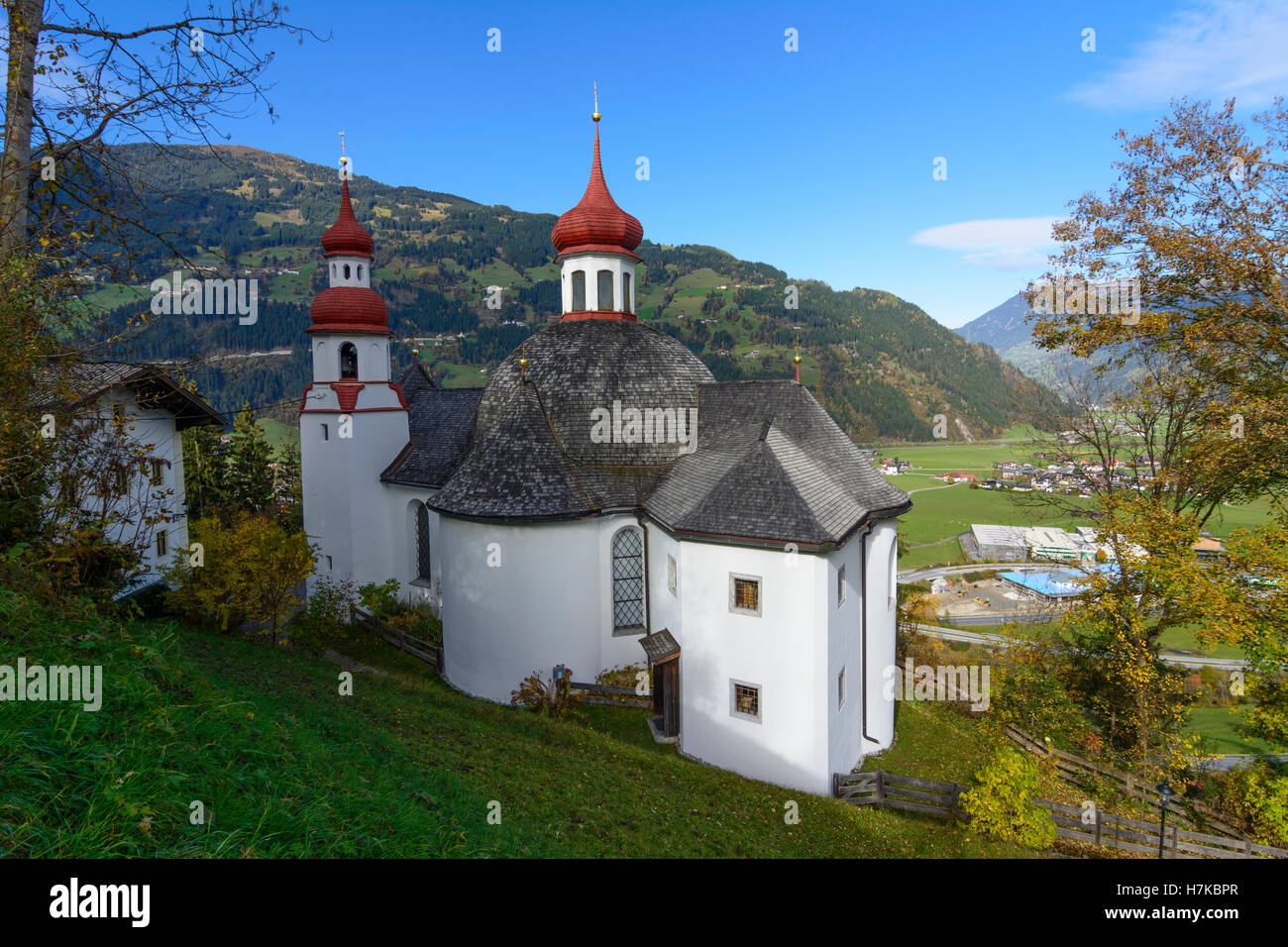 Hainzenberg: pilgrimage church Maria Rast, view to Zillertal valley and ...