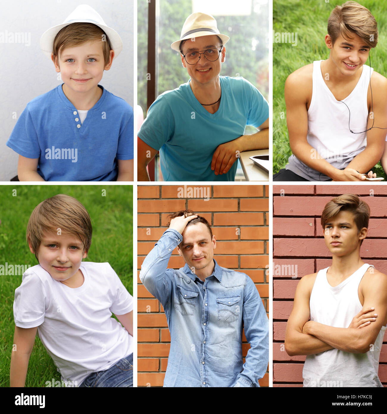 collage, set portrait of a man, a boy and a young man Stock Photo - Alamy