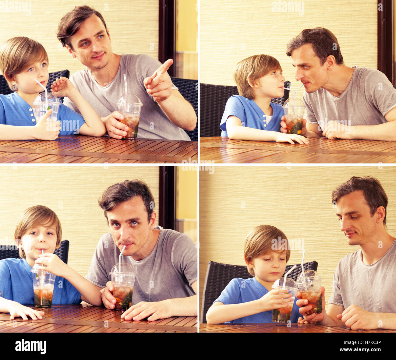 collage, set father and son in a cafe drinking ice tea Stock Photo - Alamy