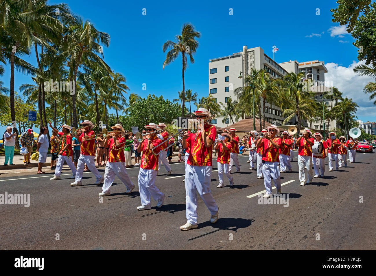 Royal Hawaiian Band playing instruments, parade, Honolulu, Oahu, Hawaii ...