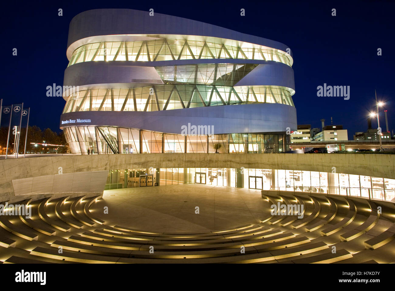 Mercedes-Benz Museum, illuminated at night, modern architecture ...
