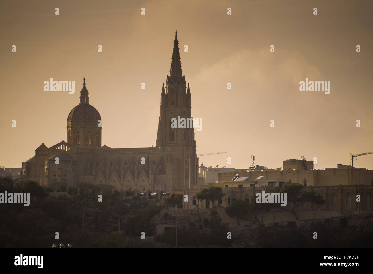 Ghajnsielem Parish Church spire and town seen from the Malta to Gozo ...