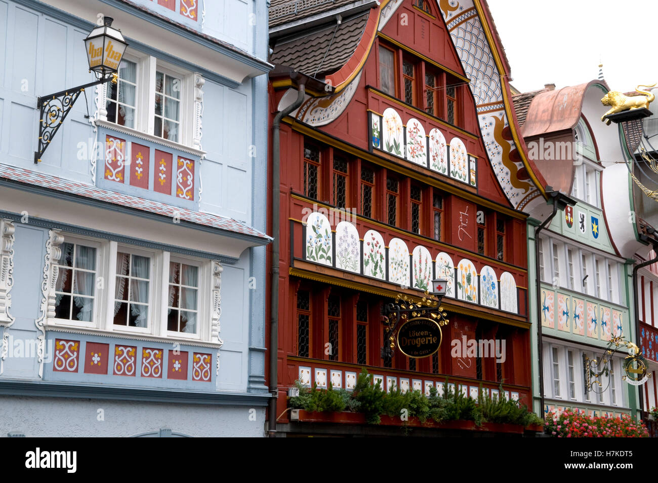 Typical houses with murals in the main street, Appenzell, region of ...