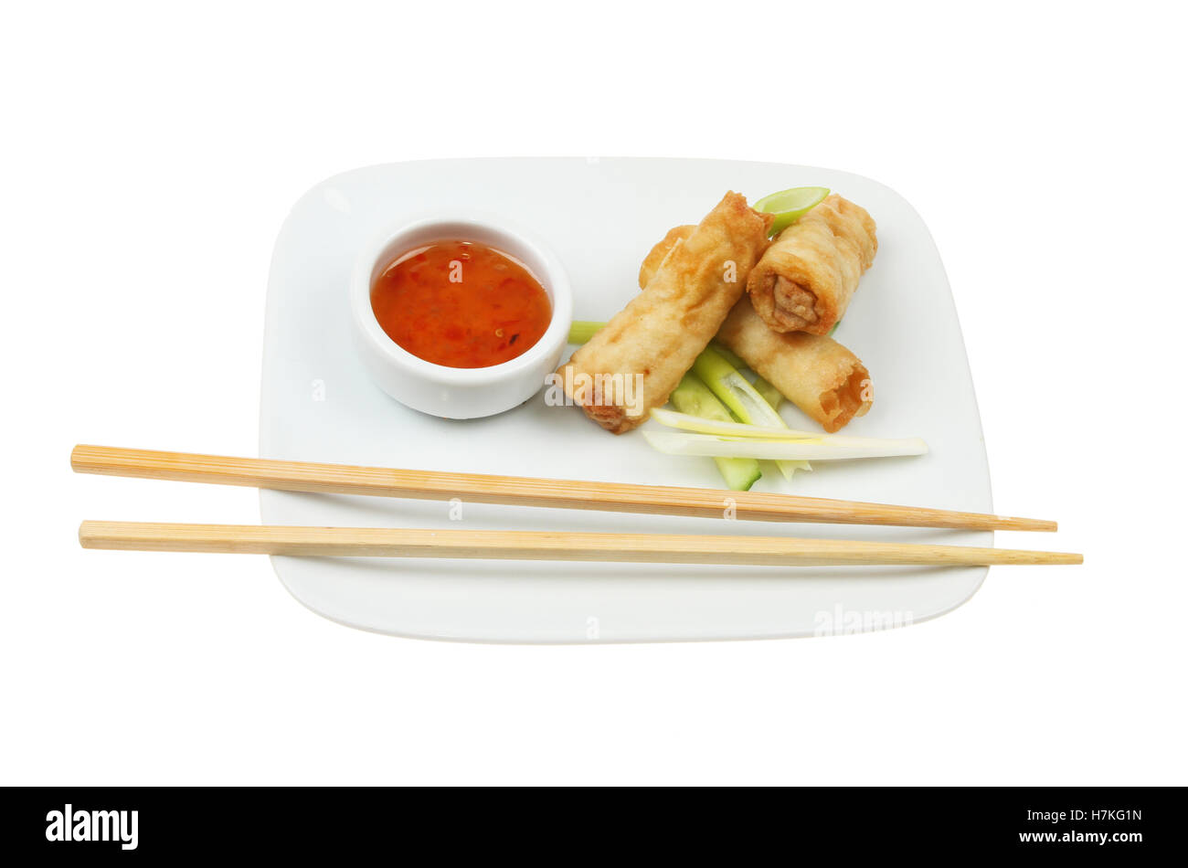 Spring rolls with spring onion, sweet chilli dipping sauce and ...