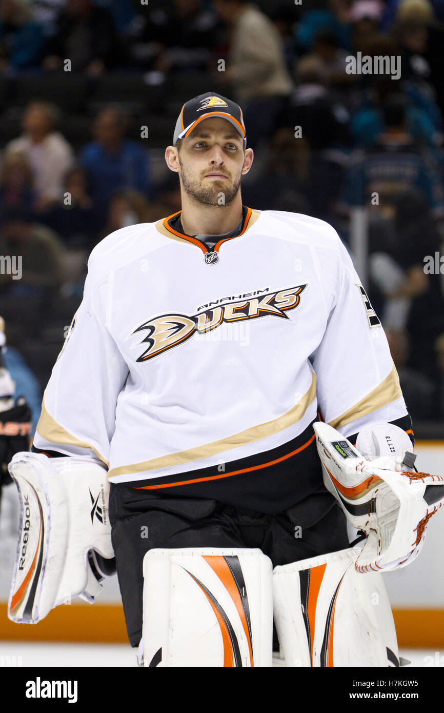 April 2, 2011; San Jose, CA, USA; Anaheim Ducks goalie Dan Ellis (38 ...