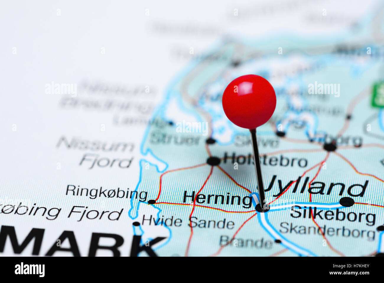 Herning pinned on a map of Denmark Stock Photo - Alamy