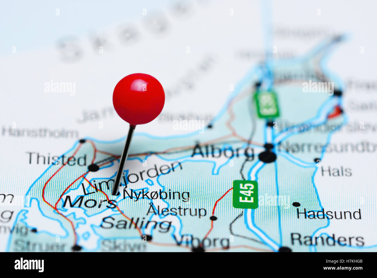 Nykobing Mors pinned on a map of Denmark Stock Photo - Alamy