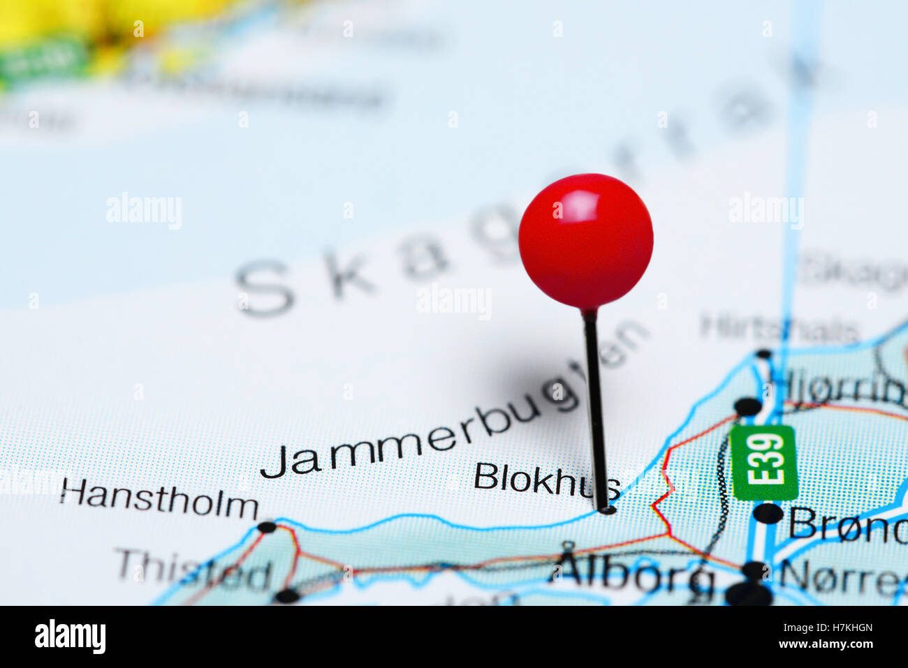 Blokhus pinned on a map of Denmark Stock Photo - Alamy