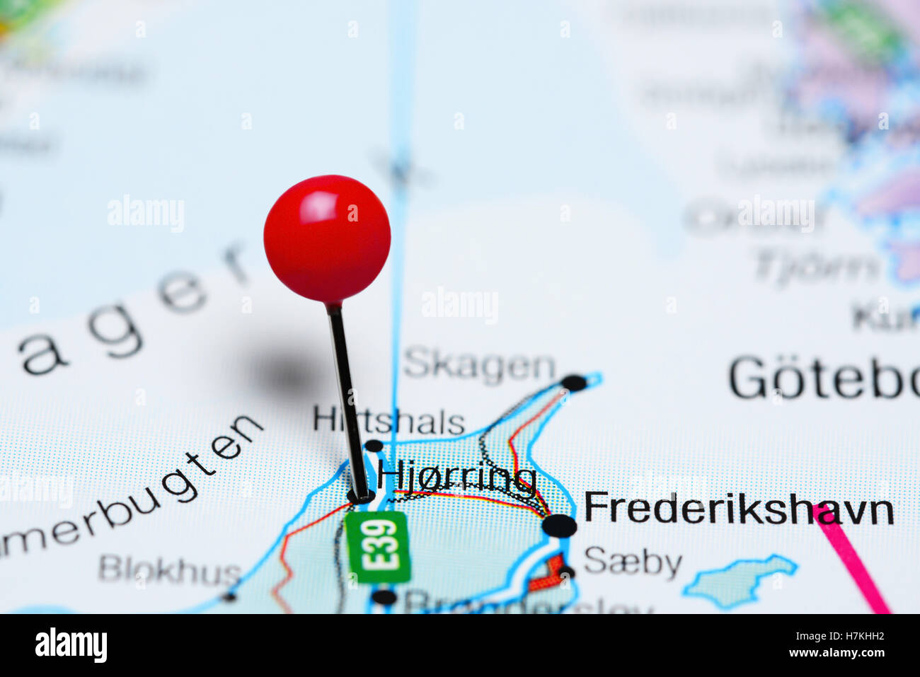 Hjorring pinned on a map of Denmark Stock Photo - Alamy