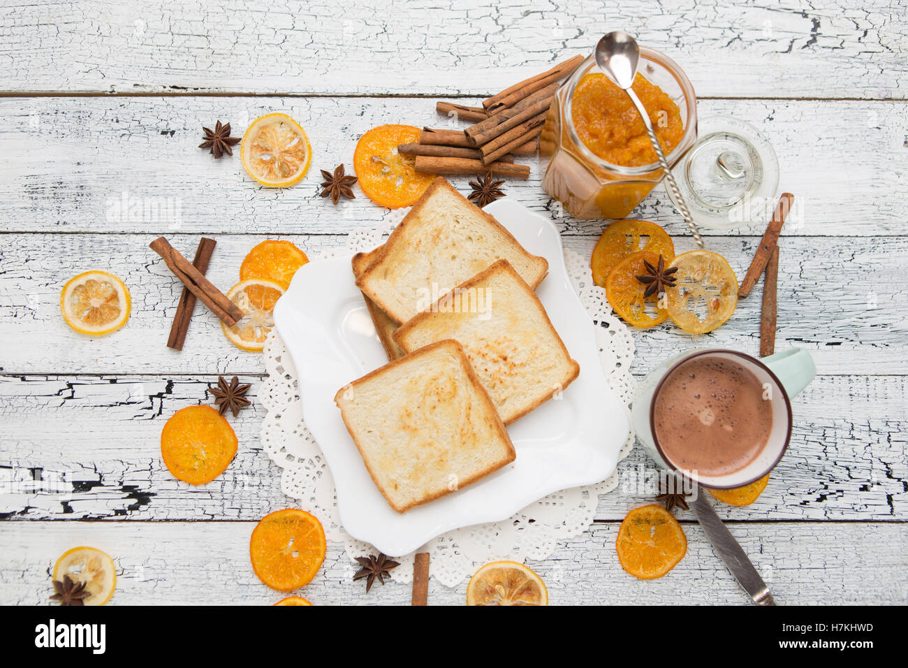 toast bread with jam on vintage wooden table Stock Photo - Alamy