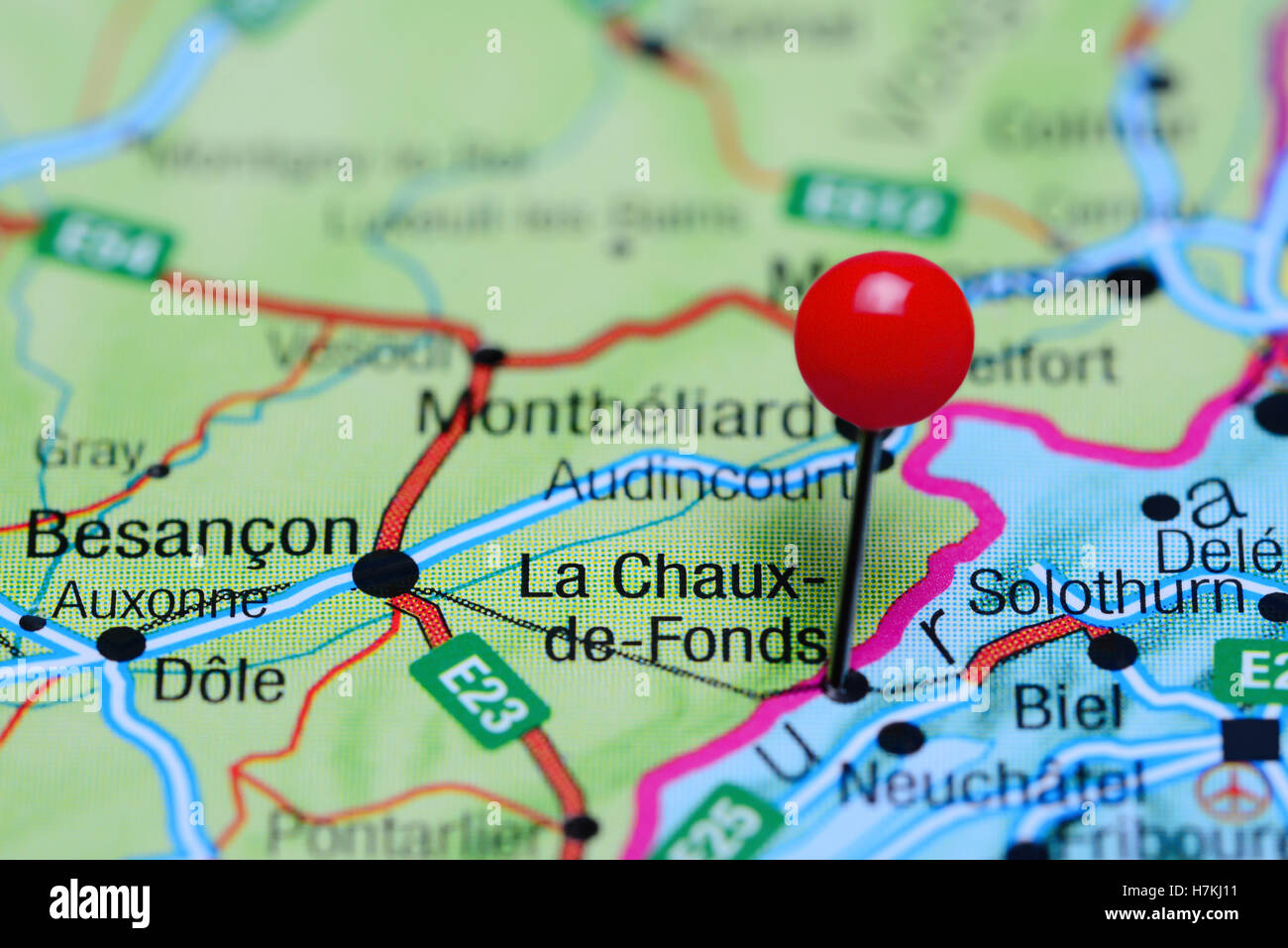 La Chaux-de-Fonds pinned on a map of Switzerland Stock Photo - Alamy