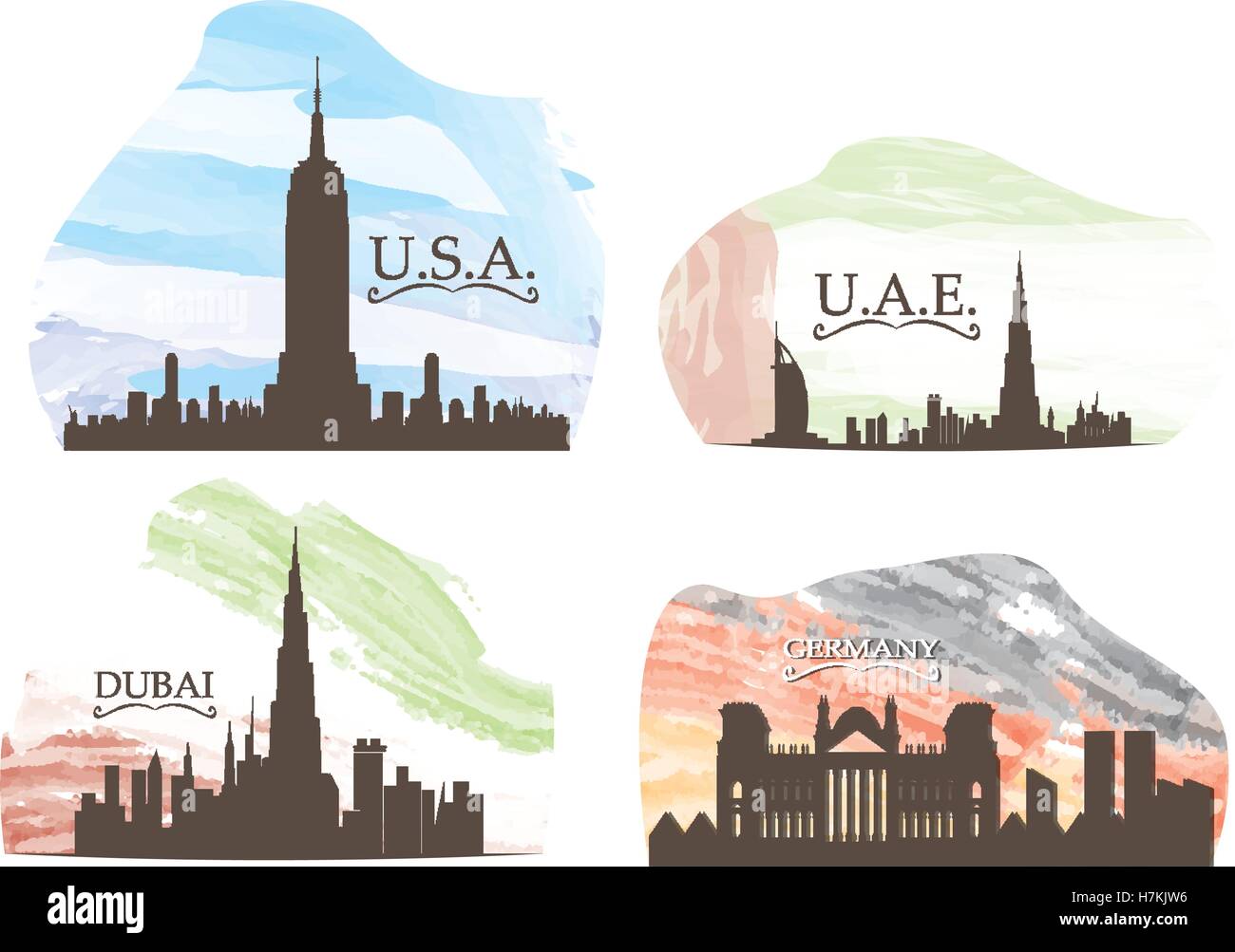 Set of different skylines on a white background, Vector illustration ...