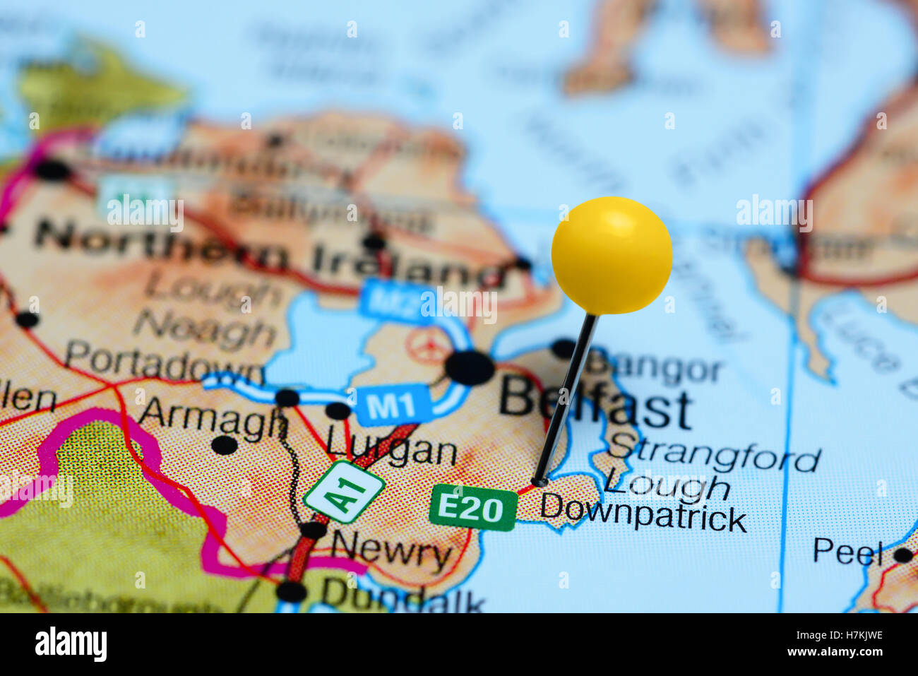 Downpatrick pinned on a map of Northern Ireland Stock Photo - Alamy