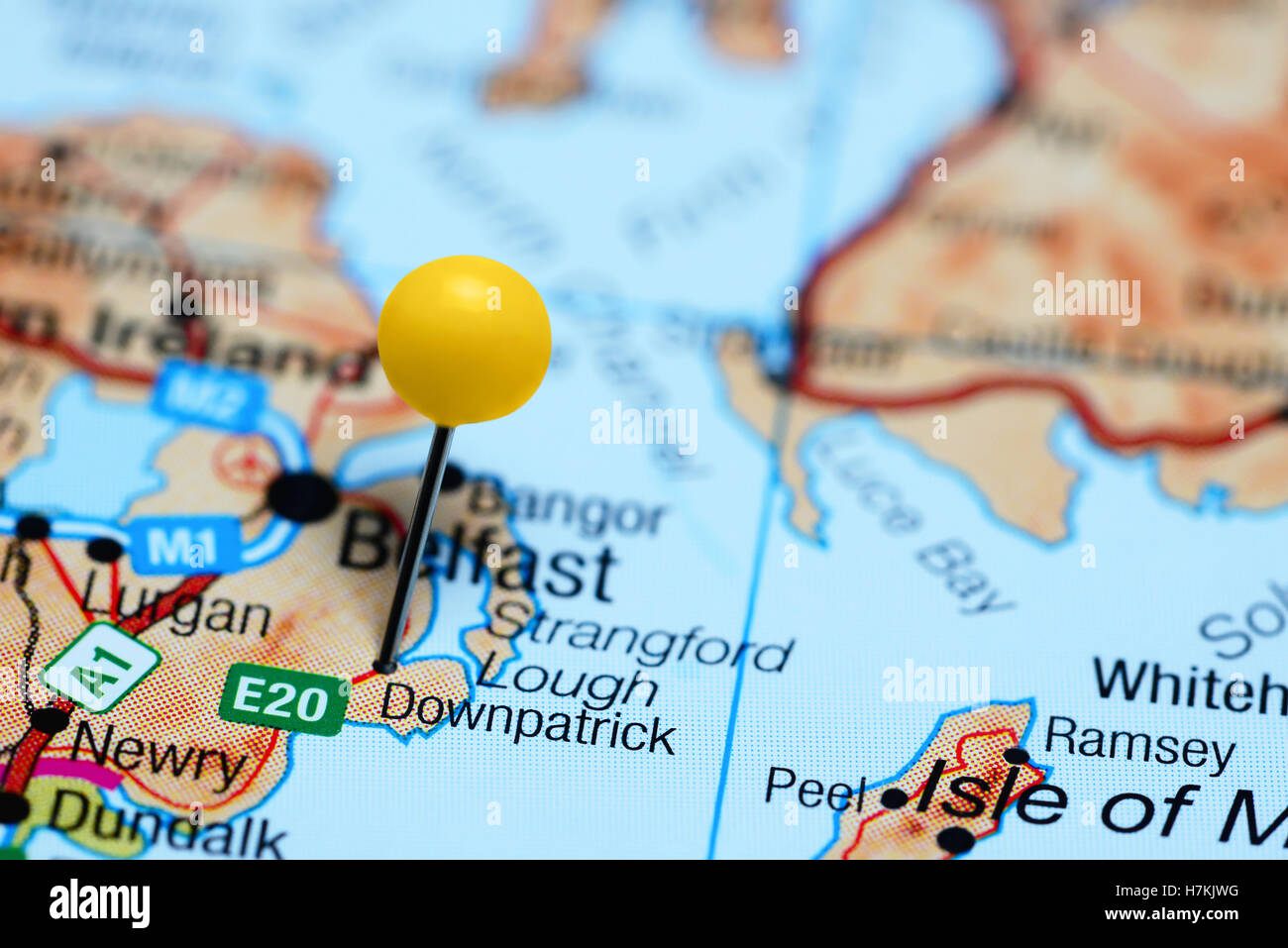 Downpatrick pinned on a map of Northern Ireland Stock Photo - Alamy