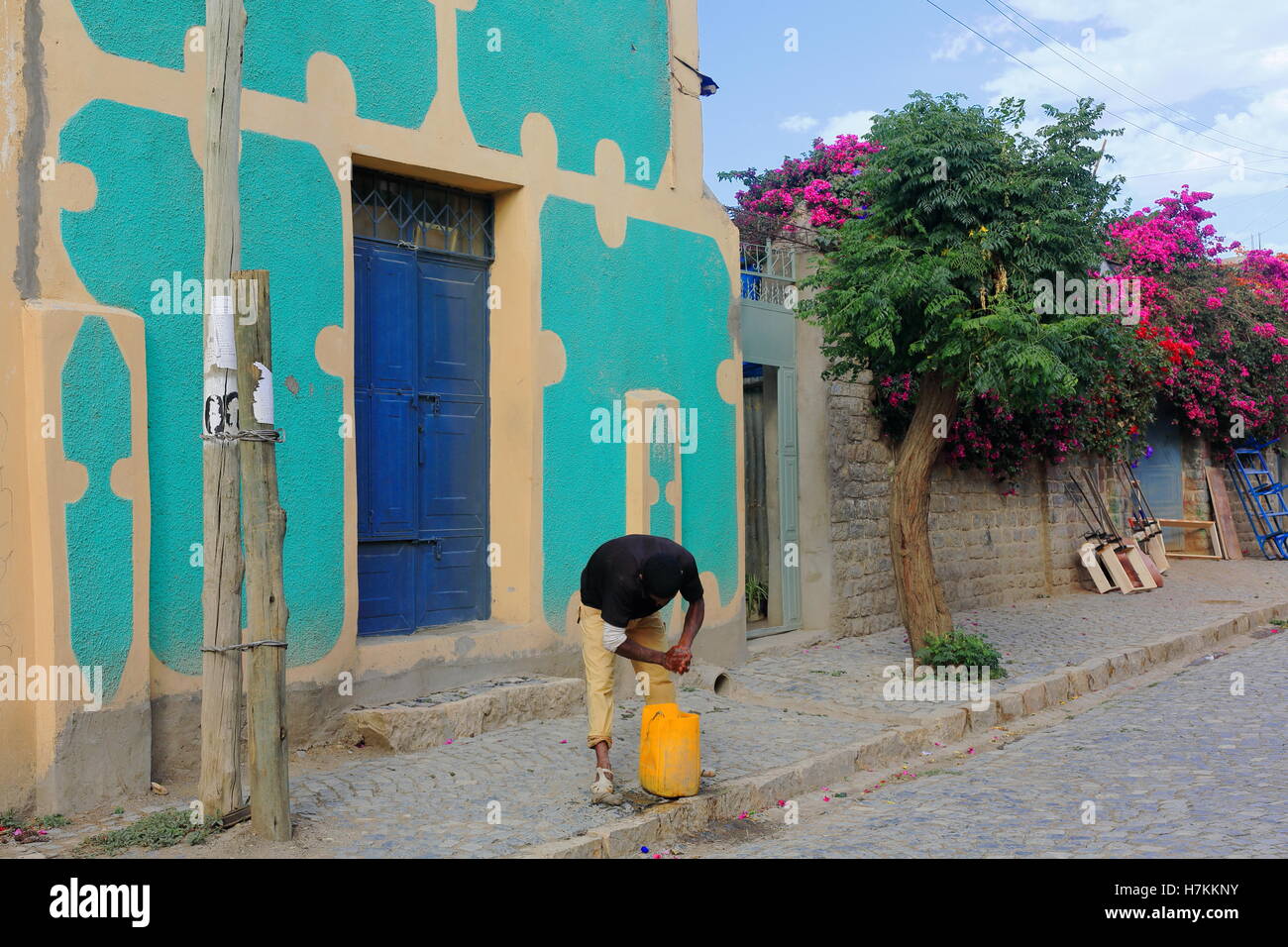 Downtown Mekele-Mek'ele street with traditional house-walled orchard ...