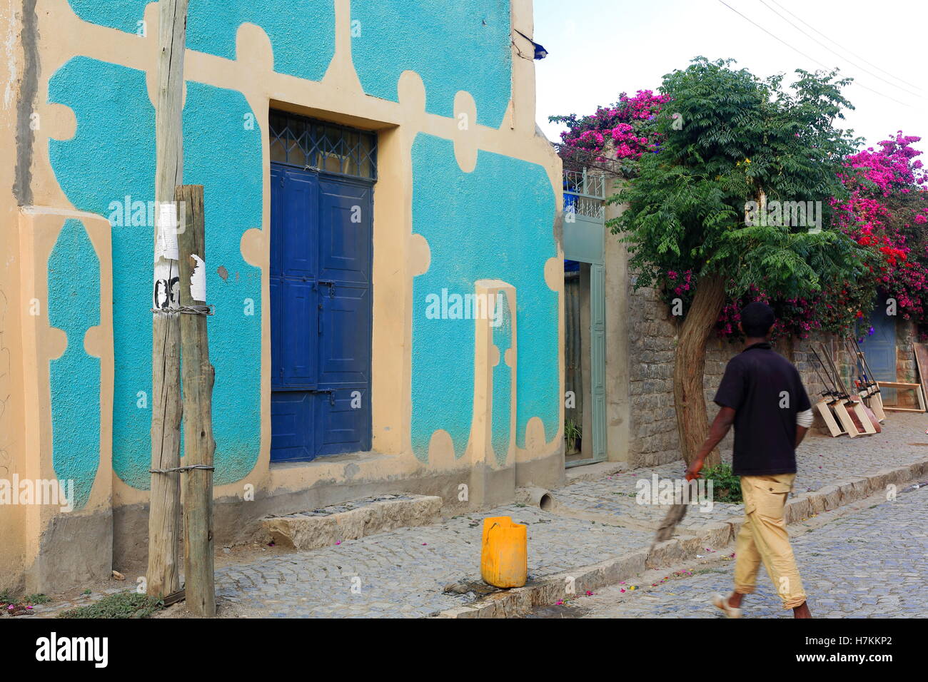 Downtown Mekele-Mek'ele street with traditional house-walled orchard ...