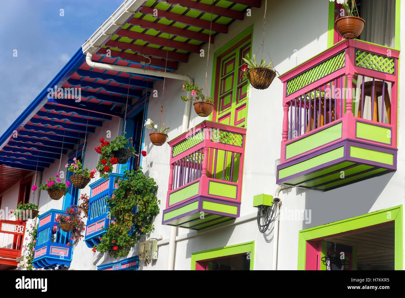 Brightly colored colonial balconies in Salento, Colombia Stock Photo ...