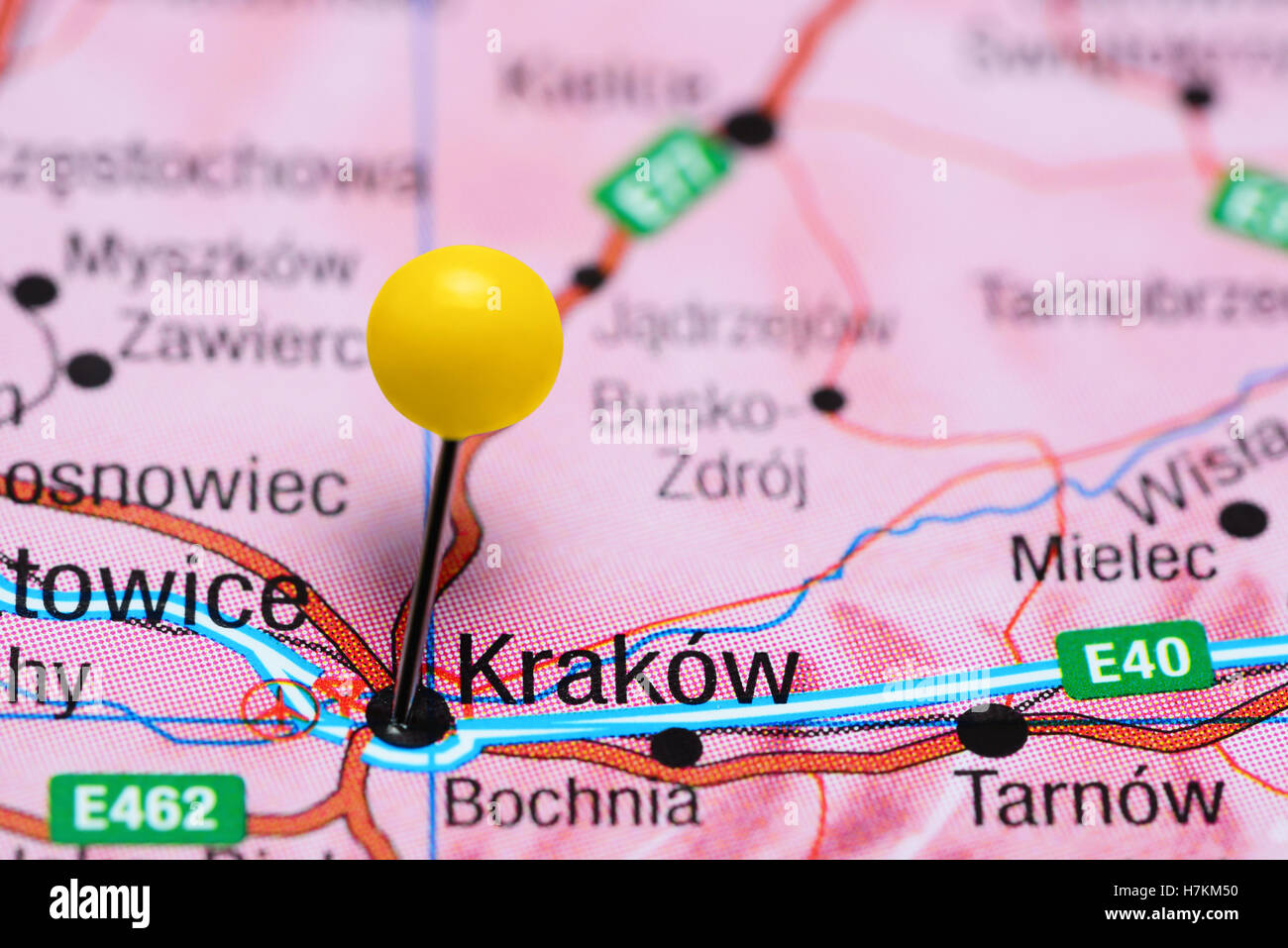 Krakow pinned on a map of Poland Stock Photo - Alamy