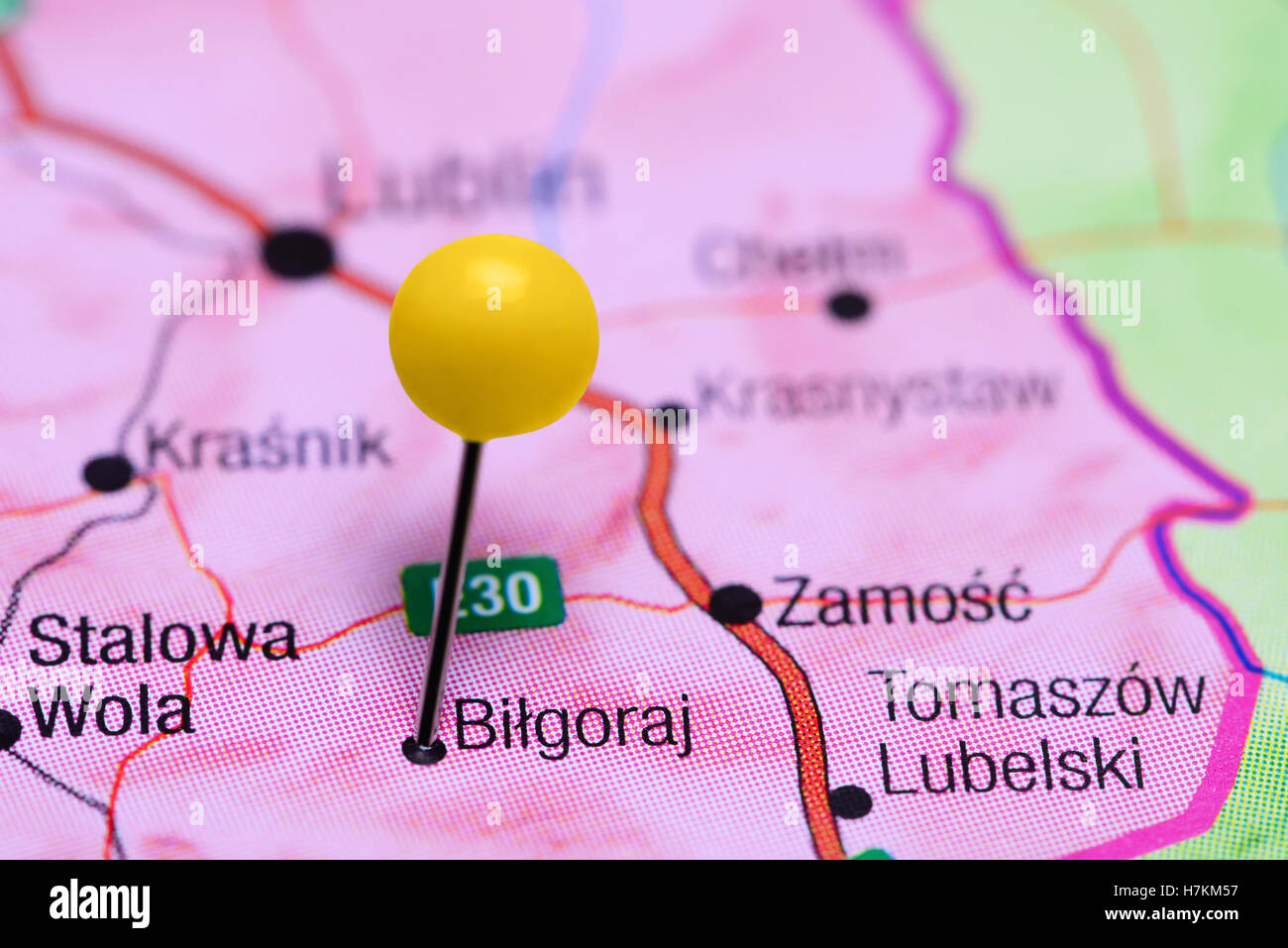 Bilgoraj pinned on a map of Poland Stock Photo - Alamy