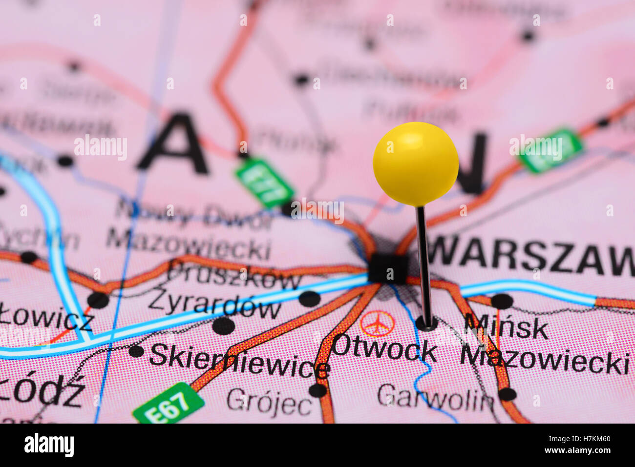 Otwock pinned on a map of Poland Stock Photo - Alamy