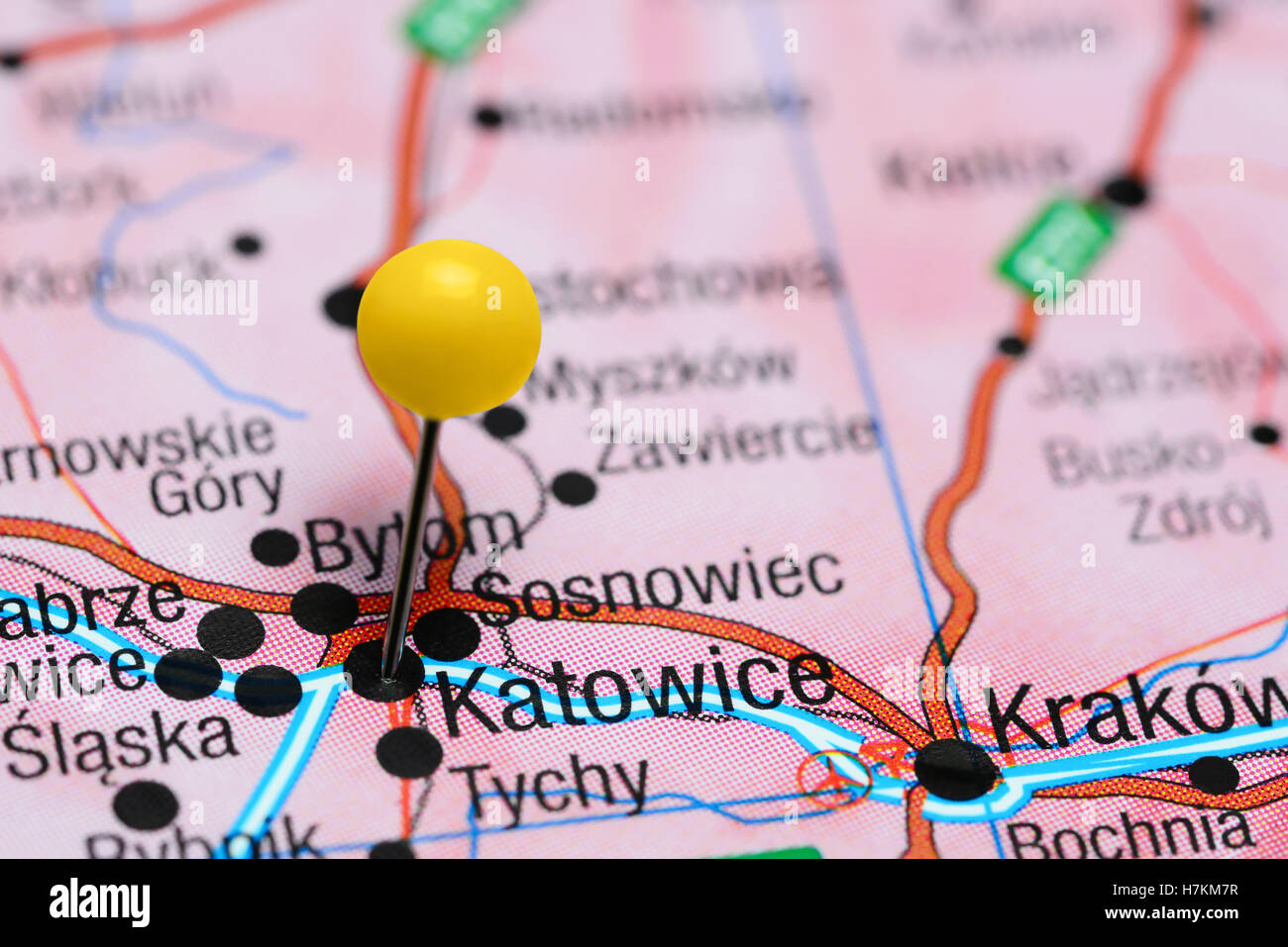 Katowice pinned on a map of Poland Stock Photo - Alamy