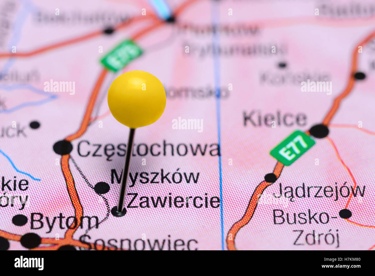 Zawiercie pinned on a map of Poland Stock Photo - Alamy