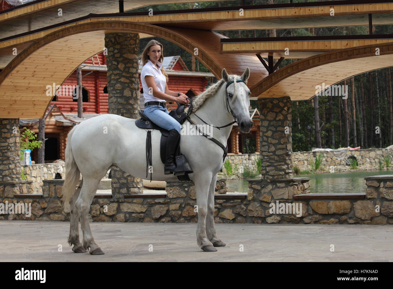 Elegant attractive woman riding a horse Stock Photo - Alamy
