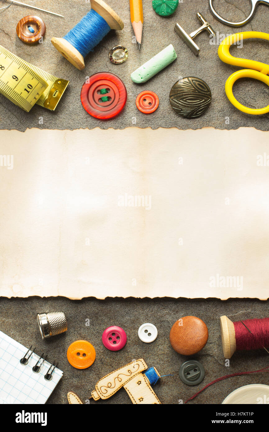 sewing tools and accessories on table background Stock Photo - Alamy