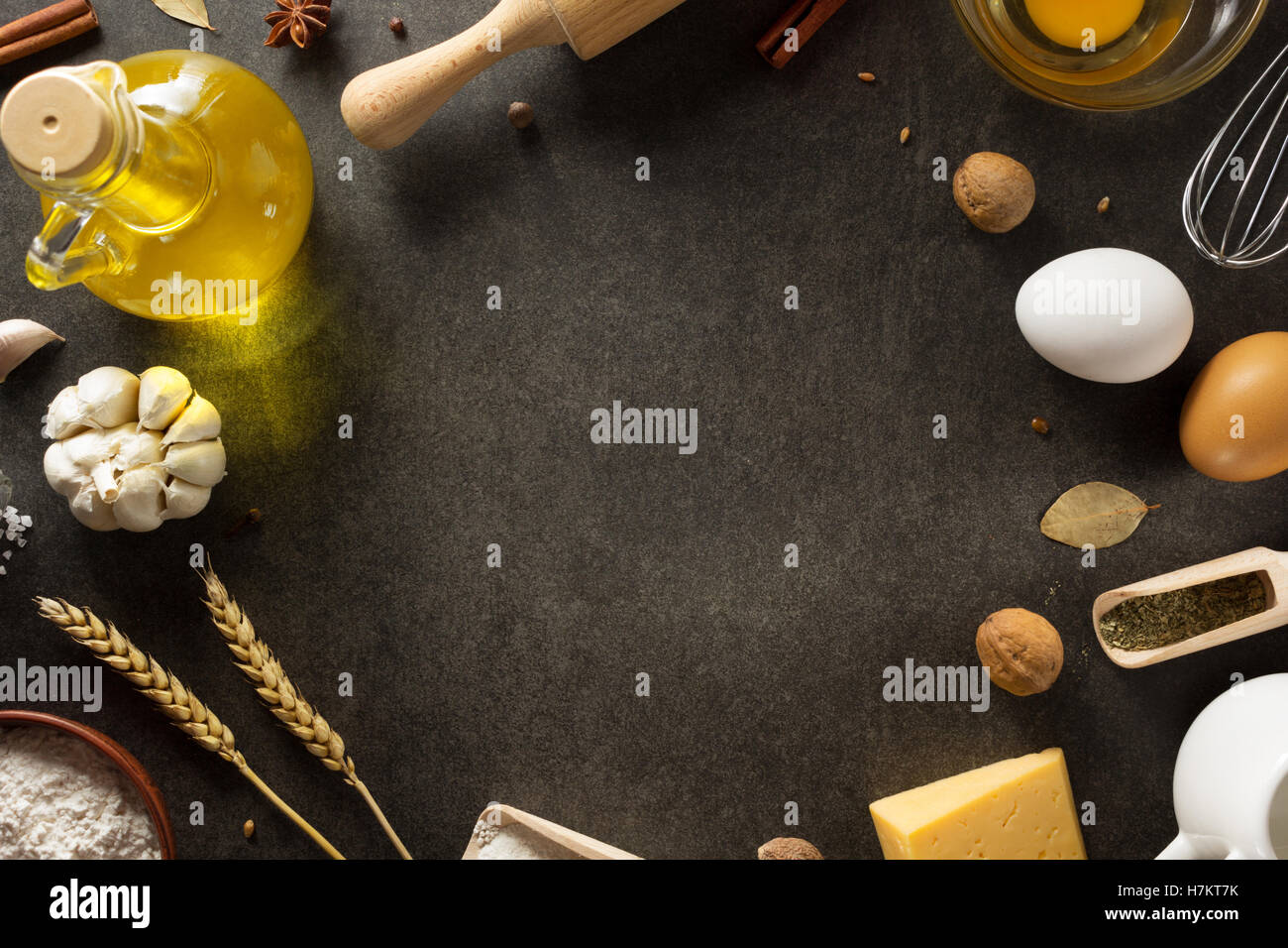 bakery products on black background texture Stock Photo - Alamy