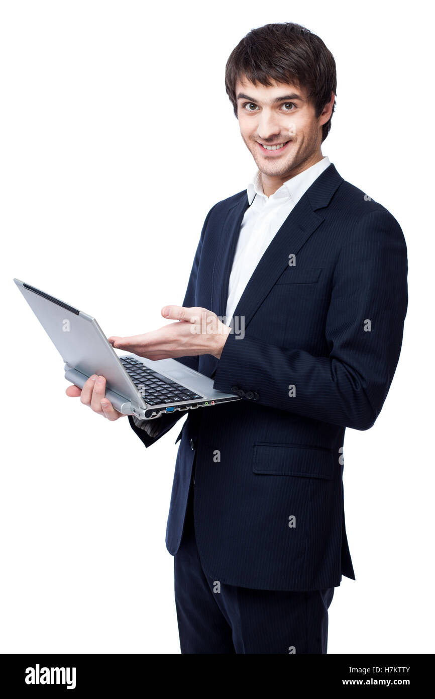 Young businessman use laptop on white background Stock Photo - Alamy