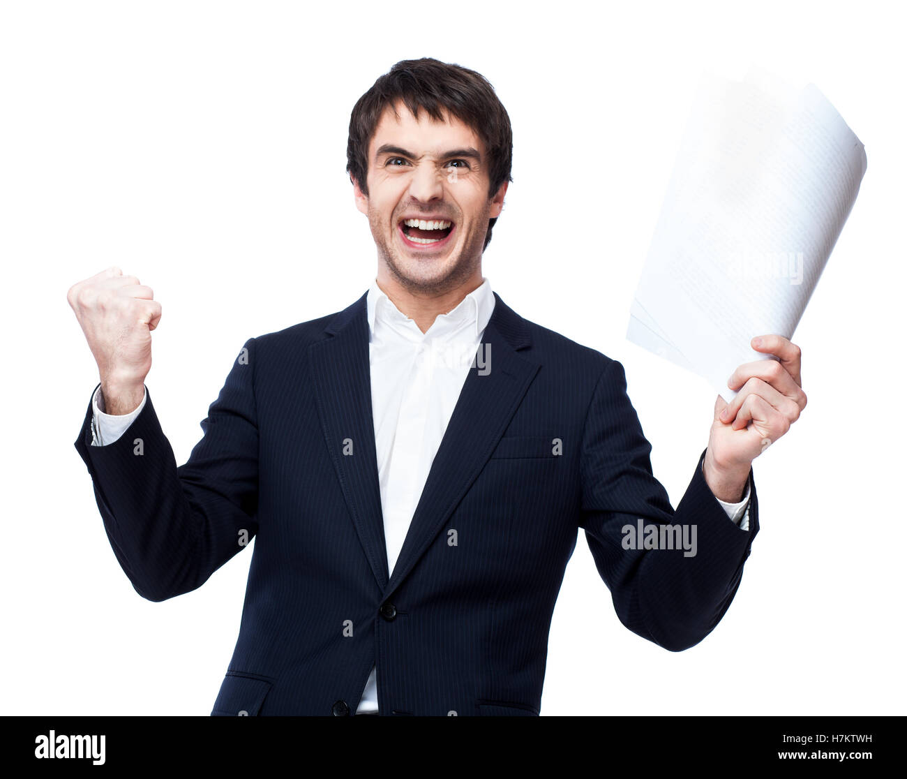 Happy businessman with document Stock Photo - Alamy
