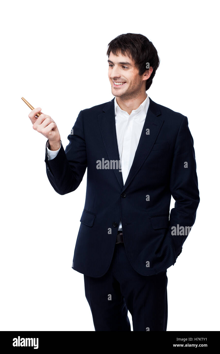 businessman pointing with pen on white background Stock Photo - Alamy