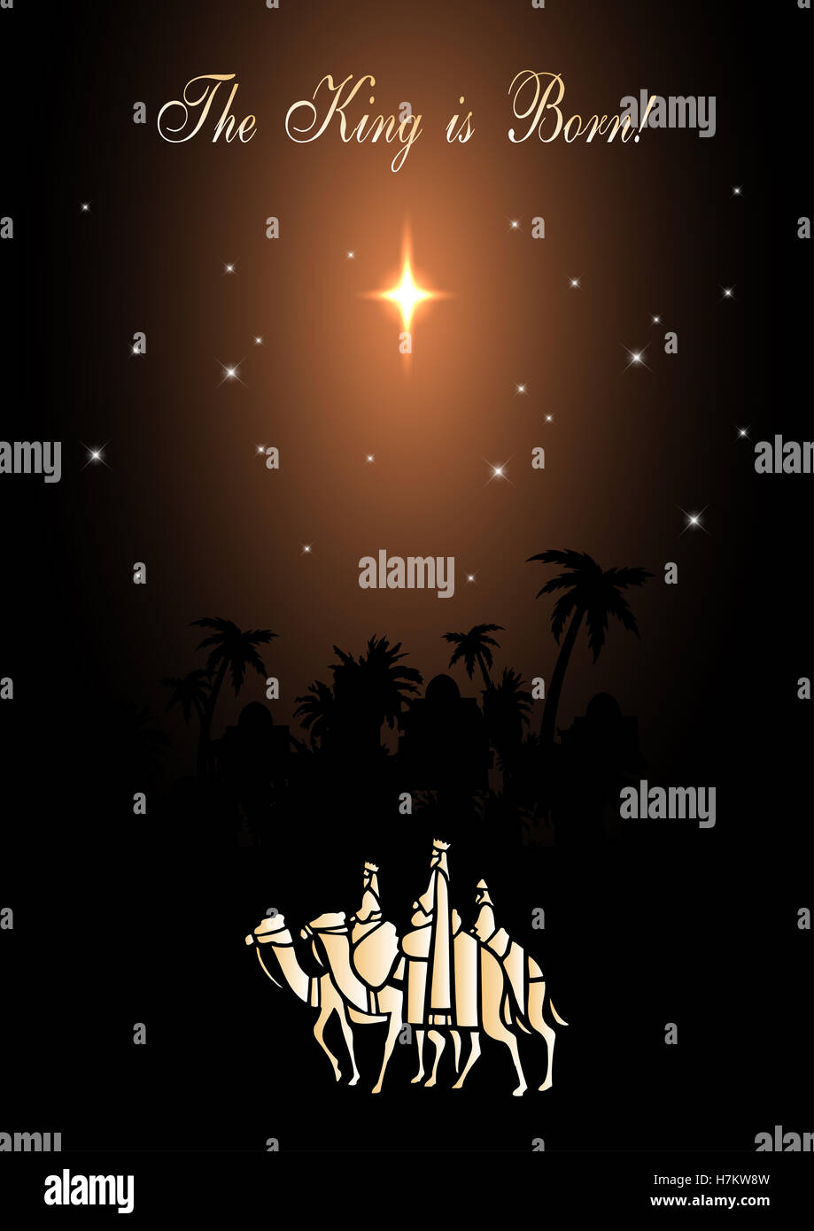 Stylized Biblical Christmas illustration: three Wise Men are visiting ...