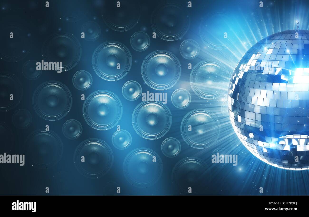 Blue Disco Background with Speakers and Shiny Disco Ball Stock Photo ...