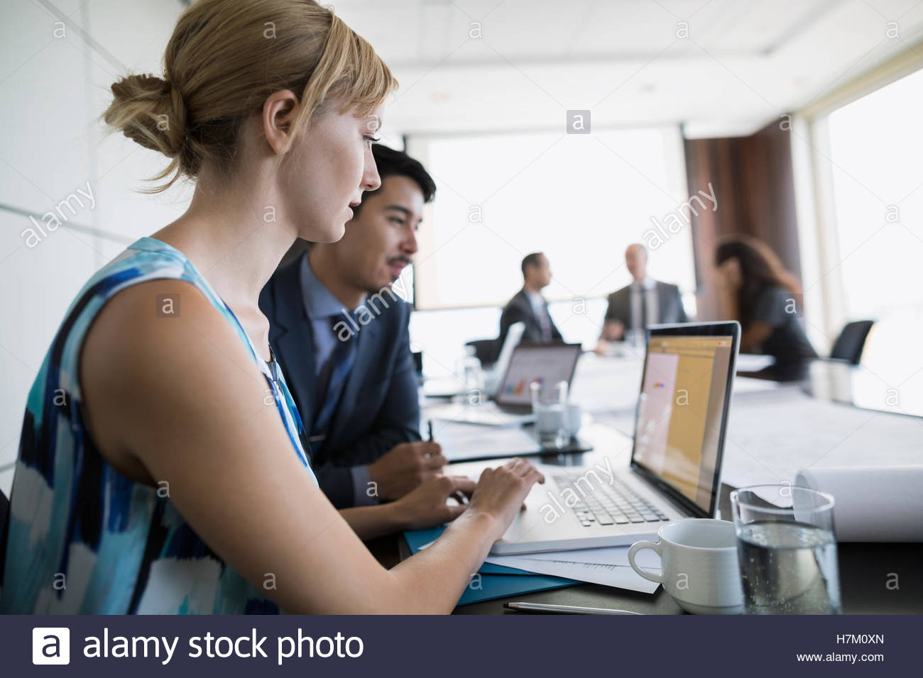 Architects using laptop in conference room meeting Stock Photo - Alamy