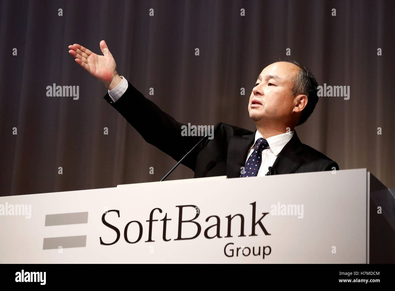 SoftBank Group Corp. Chairman and CEO Masayoshi Son speaks during a ...
