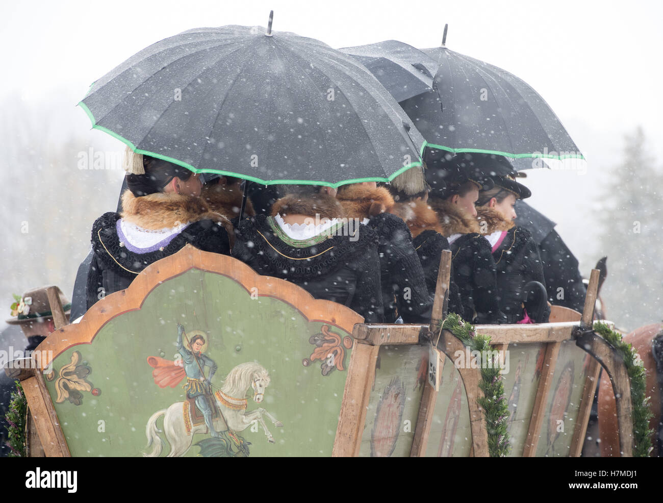 Women in traditional festive costumes and umrellas riding on a ...