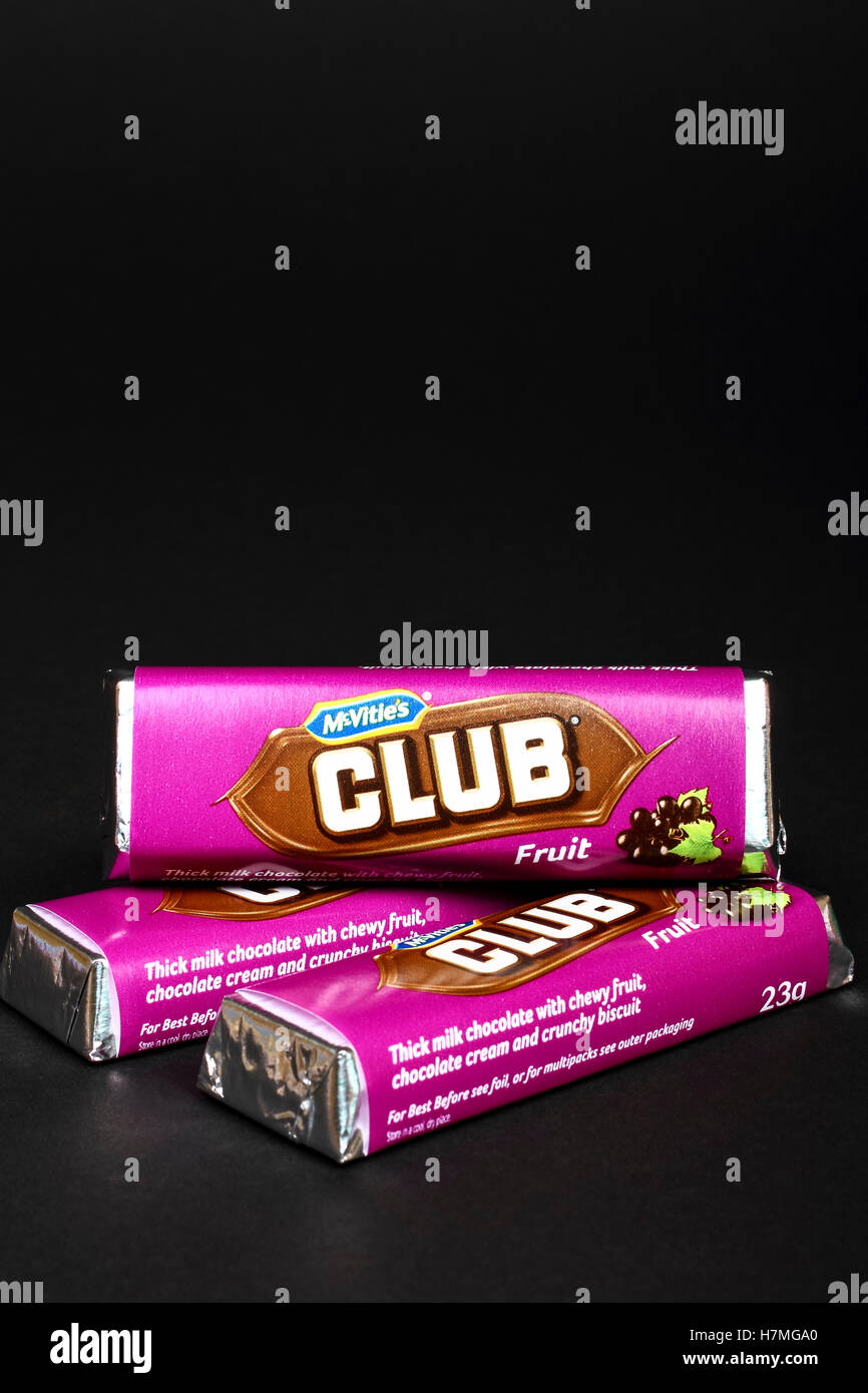 McVities club fruit flavour chocolate biscuit bar isolated on a black ...