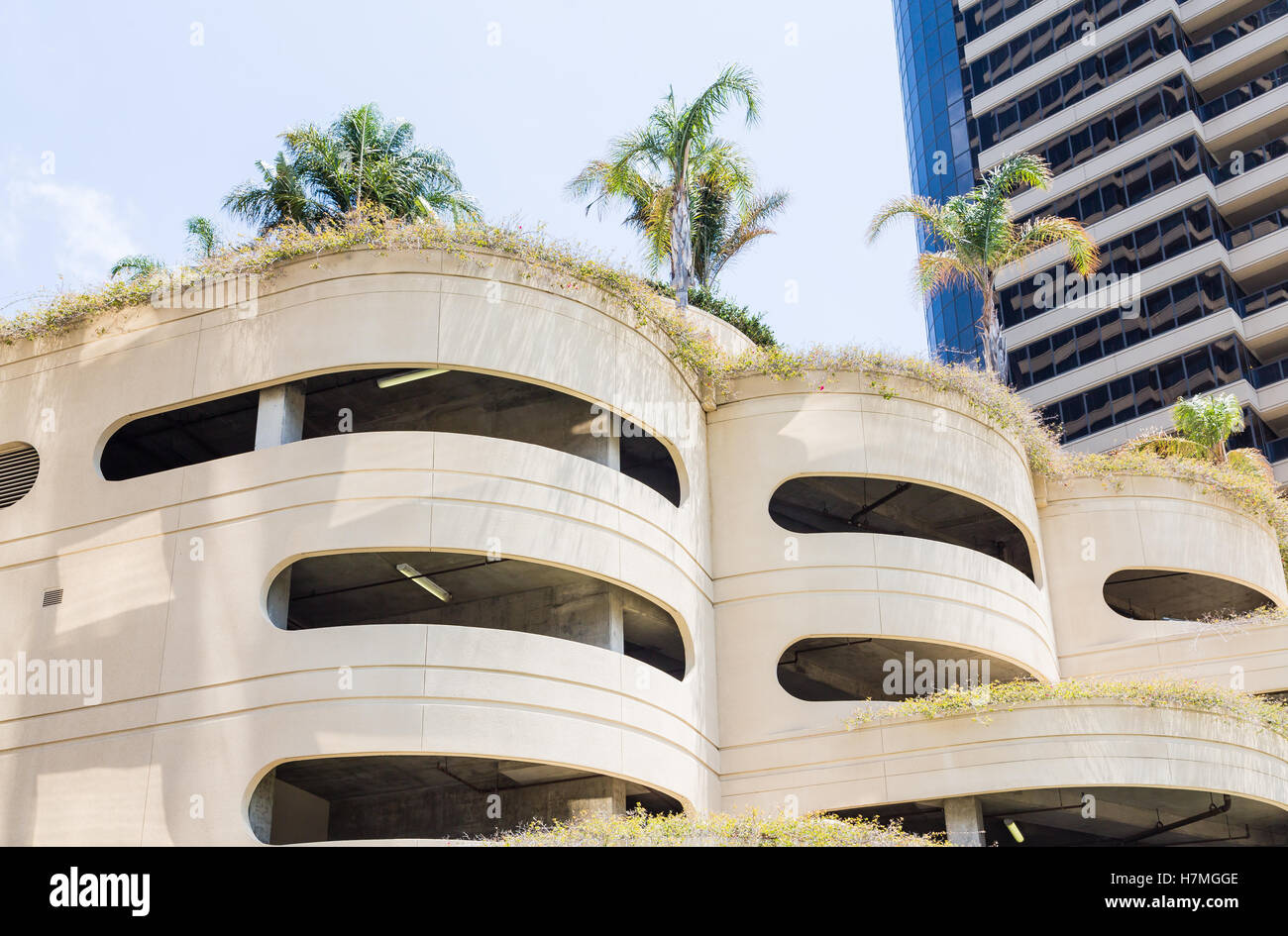 Circular Concrete Parking Garage in Tropics with Palm Trees Stock Photo ...
