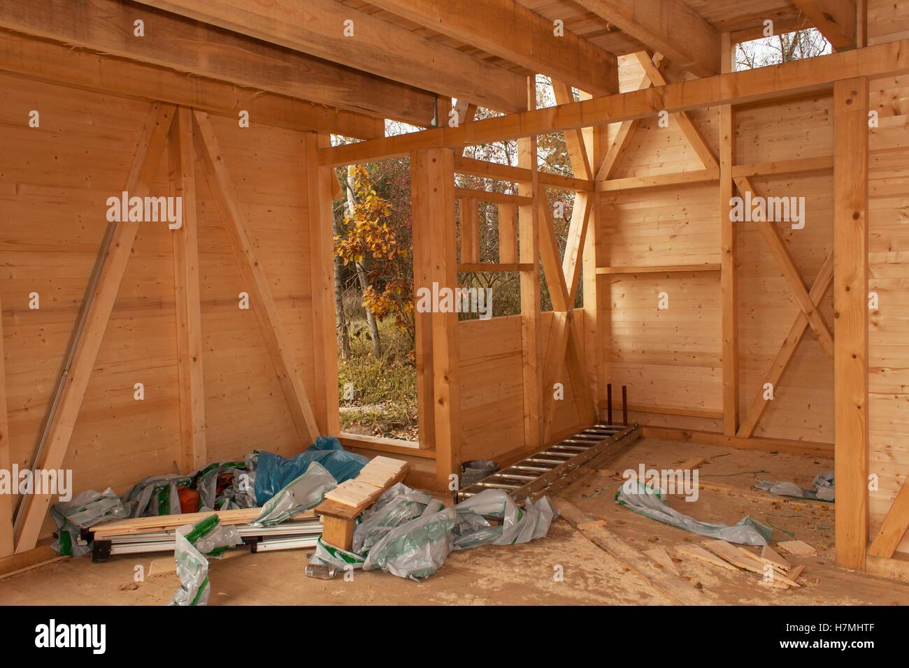 Empty building site ecological house. External work on the building ...