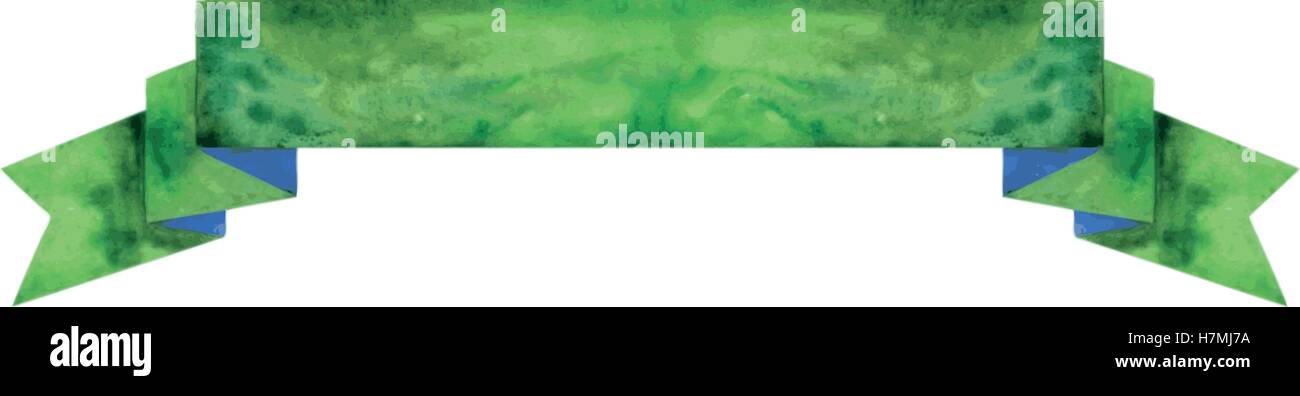 Watercolor hand-drawn illustration. Waving dark-green flag or banner ...