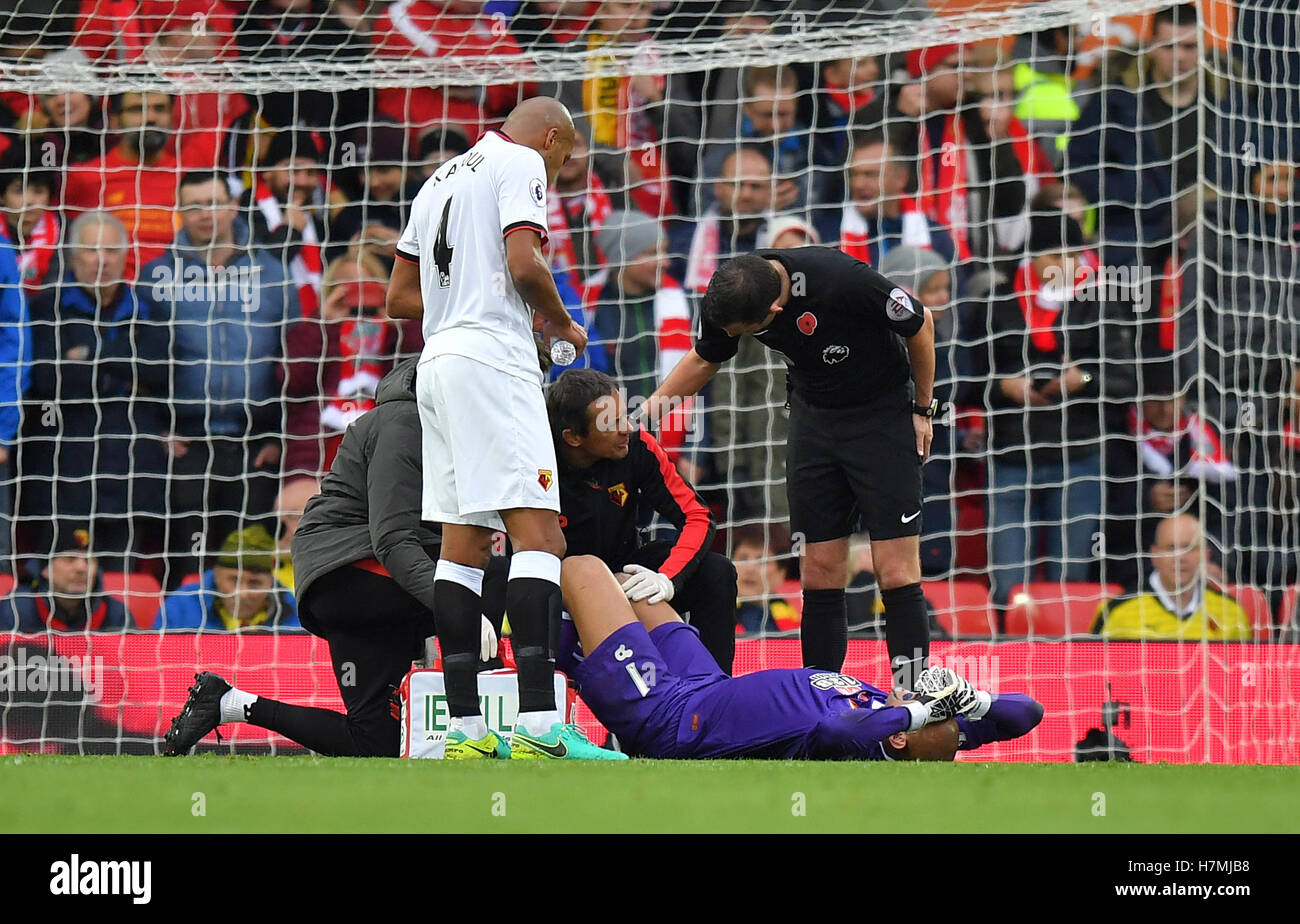 Watford goalkeeper Heurelho Gomes goes off injured during the Premier ...